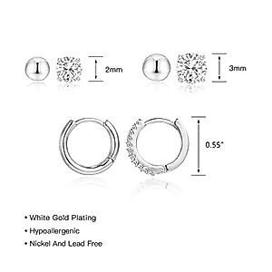 Sterling Silver Stud Earrings Set for Women Hypoallergenic White Gold Plated Silver CZ Ball Stud Earrings and Hoops Studs Cartilage Earing for Women （6 Pairs）