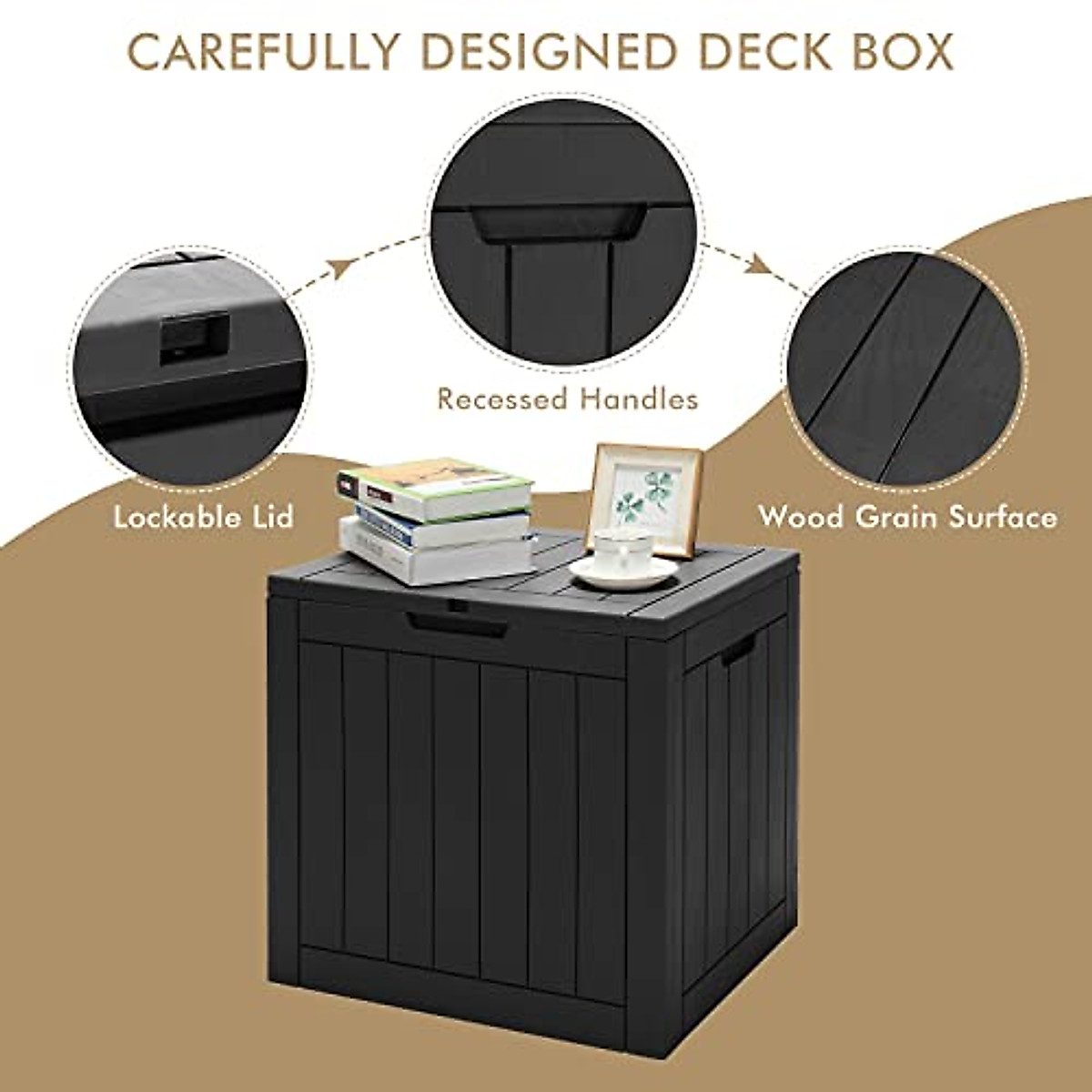 Giantex 30 Gallon Deck Box, Patio Cubby Storage Chest with Lockable Lid & Built-in Handles, Weather Resistant Organization Container for Garden, Wood Grain Texture Outdoor Storage Bin(Black)