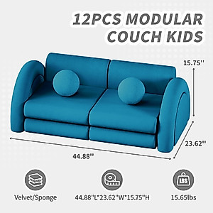 wanan Modular Kids Play Couch, 12PCS Kids Couch with Balls and Tunnel, Kids Couch for Playroom and Bedroom, Kids Modular Couch for Playing, Creativing, Modular Couch Kids (Blue)