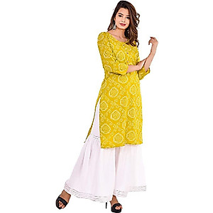 Vrnda Indian Women's Jaipuri Bandhani Printed Straight Cotton Kurti & Rayon Sharara Set For Women (L)