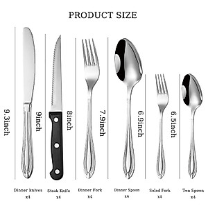 Silverware Set with Steak Knives, Caliamary 24-Piece Stainless Steel Flatware Cutlery Set for 4, Kitchen Cutlery Set for Home Kitchen Restaurant Hotel, Mirror Polished, Dishwasher Safe