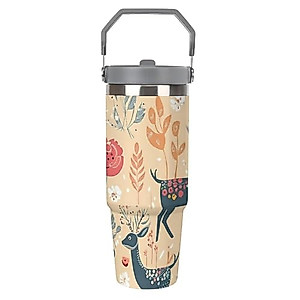 30oz Stainless Steel Insulated Tumbler with Flip Lid & Straw, Leakproof Travel Mug for Car, Deer Pattern Double Wall Vacuum Thermal Coffee Cup with Handle, Spill-Proof Design for Hot/Cold Drinks