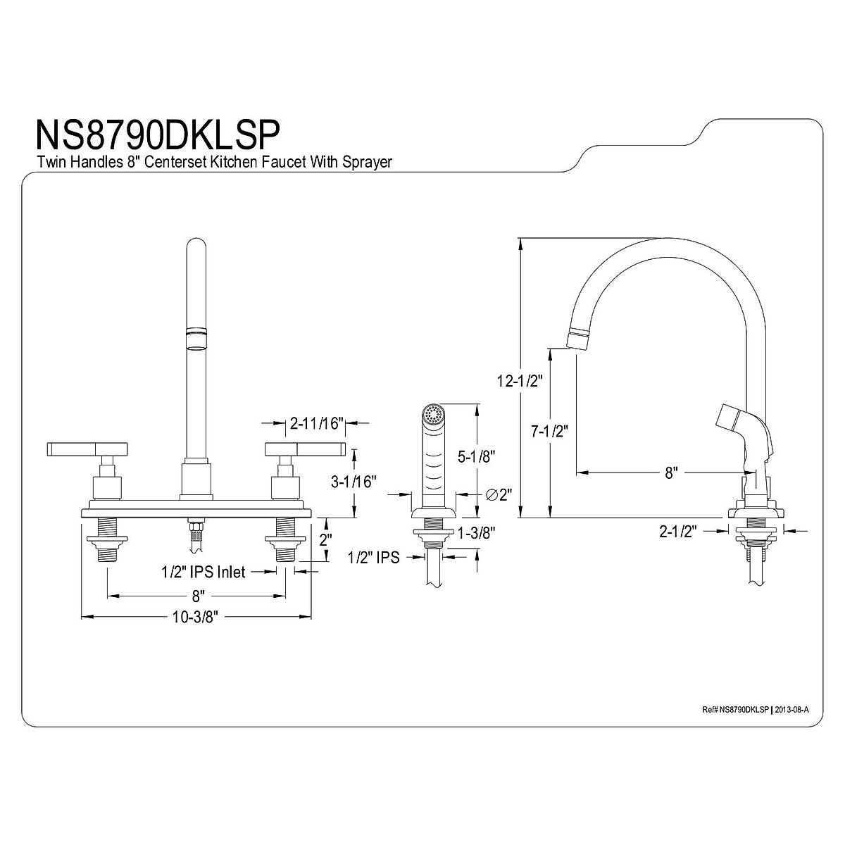 Kingston Brass NS8790DKLSP Water Onyx 8 inch Centerset Kitchen Faucet with Lever Handle and Matching Side Sprayer, Black Stainless Steel