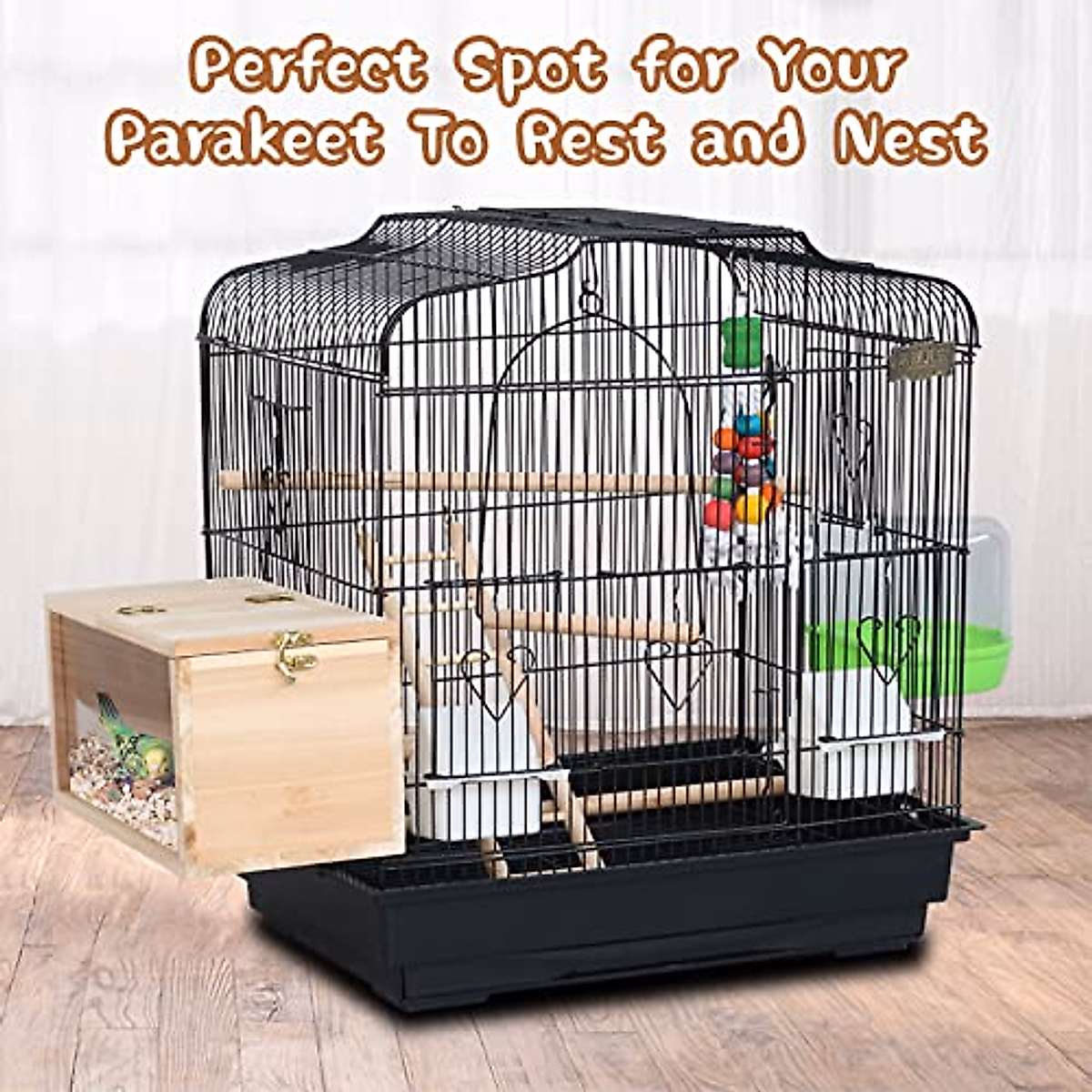 GINDOOR Parakeet Nesting Box Transparent Bird House for Cage Natural Wood Breeding Box for Parrot Parakeet Cockatiel Lovebirds Budgie Conure and Other Small Birds