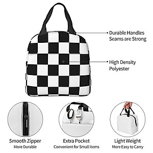 White Checkered Lunch Box Bento Box Insulated Lunch Boxes Reusable Waterproof Lunch Bag With Front Pocket For Travel Office Picnic