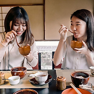 NUOMI 2 Set Wooden Soup/Rice Bowls with Wood Spoons for Eating, Small Noodle/Snacks Bowl and Spoon Dinnerware Set