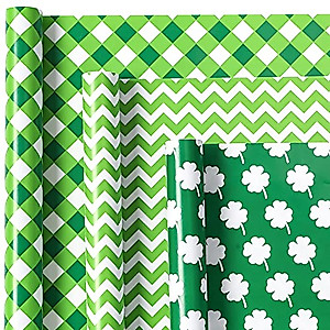 Packanewly Wrapping Paper Roll for St. Patrick Day - 17 inch x 120 inch (3-Pack, 42.3 sq.ft.ttl.) Mini Roll - Green Color Design with Geometry, Four-leaf Clovers，Wave