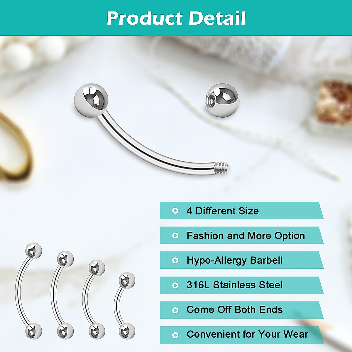 CrazyPiercing 18G Curved Barbell Piercing Jewelry 16P Tragus Rook Eyebrow Rings Surgical Steel VCH Piercings Jewelry for Men/Women 6mm 8mm 10mm 12mm