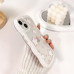 NITITOP Compatible for iPhone 13/ iPhone 14 Case Cute Pink Stars Curly Wave Frame Shape Shockproof Soft TPU 2 in 1 Phone Cover for Women Girl-White Pink Star