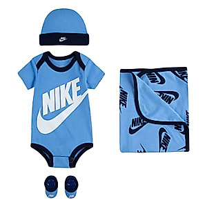 Nike Baby`s Core Future Blanket, Bodysuit, Hat and Booties 4 Piece Set (Blue(NN0452-B9F)/Black, 0-6 Months)