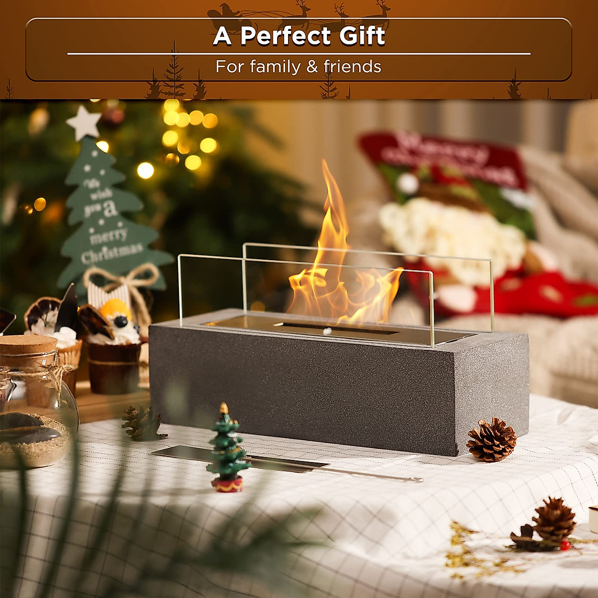 TURBRO Tabletop Ethanol Fuel Fire Pit, Portable Alcohol Fireplace Bowl for Indoor, Patio, Outdoor, Balcony, Smokeless Odorless Clean Burning, Modern Decor, Cement, Fireside FP14CG