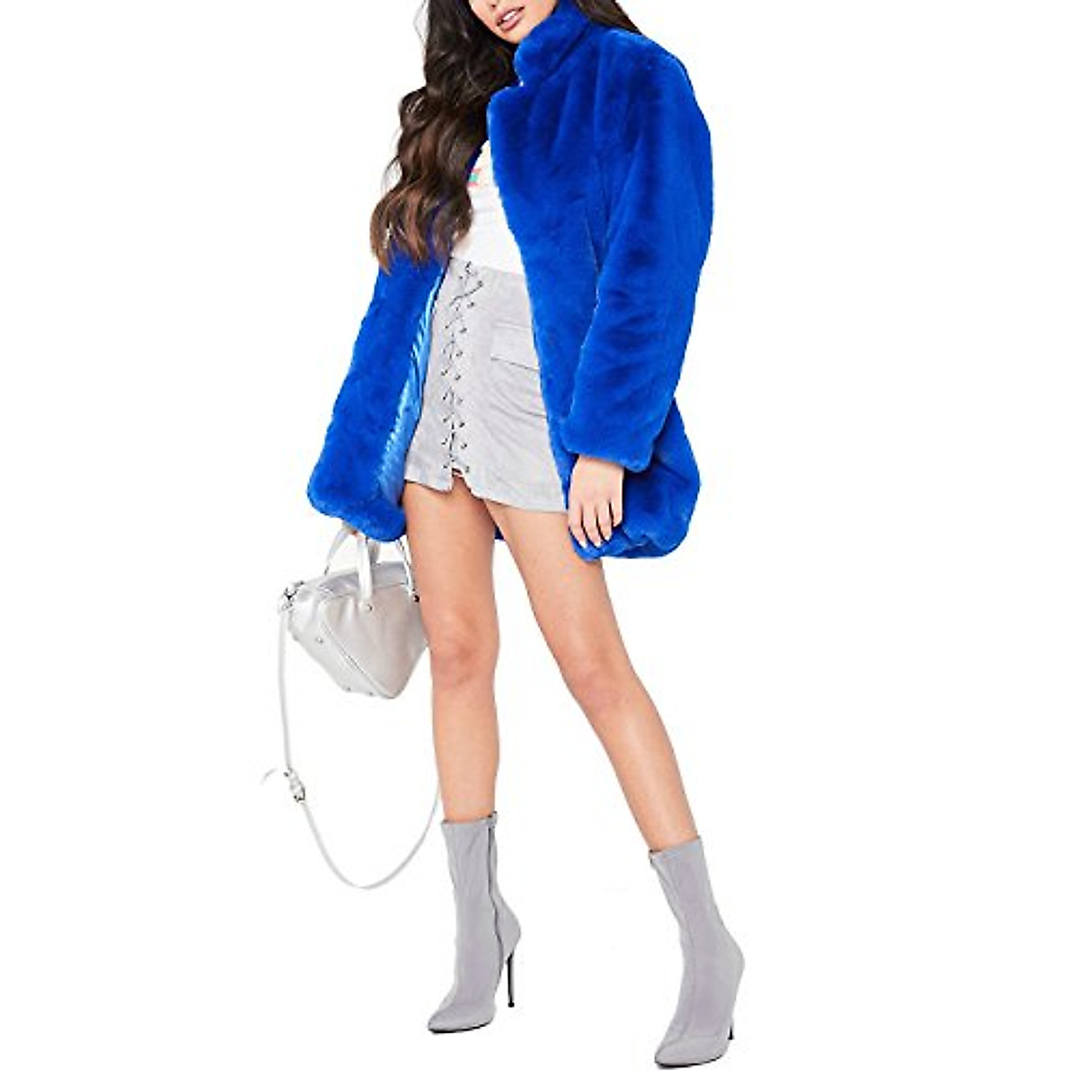 Remelon Womens Long Sleeve Winter Warm Lapel Fox Faux Fur Coat Jacket Overcoat Outwear with Pockets Blue L