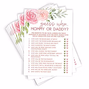 Printed Party Baby Shower Game, Guess Who Mommy or Daddy, Floral, 50 Cards