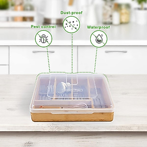 QINOL Silverware Tray with Lid, Utensil Drawer Organizer for Kitchen Countertop, Wooden Flatware Organizers and Storage Holder, Bamboo