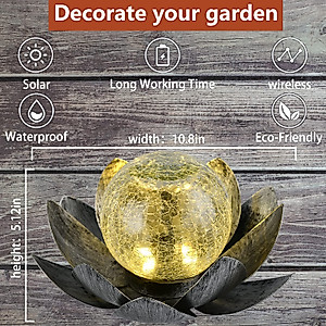 Solar Lotus Metal Flower Light Outdoor Waterproof Garden LED Powered Amber Crackle Ball Lamp for Lawn Patio Yard Tabletop Decor (Lotu - Grey A1)