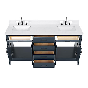 ARIEL Hepburn 72" Midnight Blue Double Vanity, 1.5" Edge Carrara Quartz Countertop & Splash, Rectangular Sinks, 4 Soft Closing Doors, 6 Full Extension Dovetail Drawers, Toe Kick, Matte Black