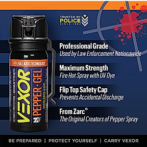 VEXOR® Pepper Gel from Zarc™, Maximum Strength Police Pepper Spray, Gel is The Future, Full Axis (360°) Technology Shoots from Any Angle 18-feet, Flip-top Safety aand Belt Clip Included (2 Pack)