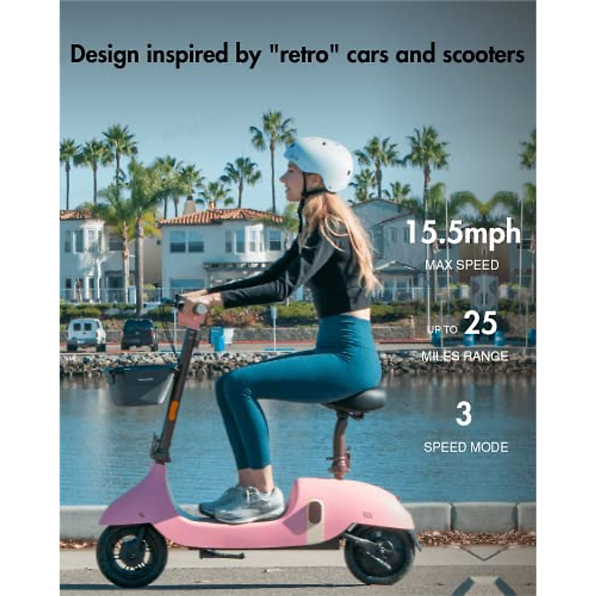OKAI EA10 Electric Scooter with Seat, Up to 25 Miles Range & 15.5MPH, Moped Scooter Bike for Adults with 10 Inch Vacuum Tires(Pink)