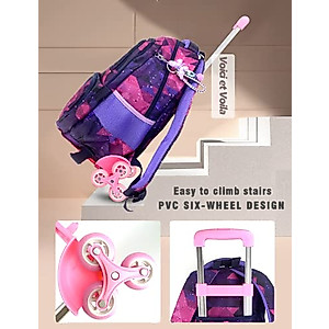 Voici et Voila 4Pcs Rolling Backpack Kids Backpack with Wheels Girls 6 Wheels Backpack on Wheels Gradient Geometric Trolley Rolling School Backpack Multi-Function Breathable Elementary School
