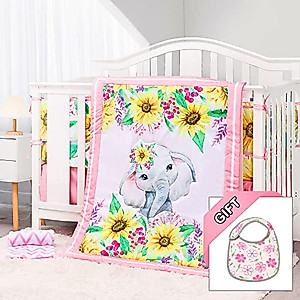 Honkaii Elephant Crib Bedding Set 4-Piece, Baby Nursery Bedding Sets Including Crib Quilt, Crib Skirt, Crib Sheet, Baby Blanket, Pink Crib Sets for Girls