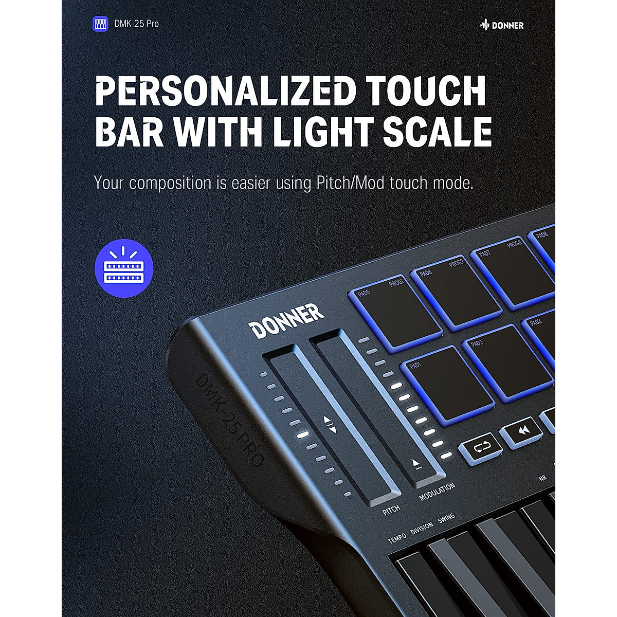 Donner DMK25 Pro MIDI Keyboard Controller, 25 Mini Key Portable USB-C MIDI Keyboard with 8 Drum Pads, OLED Display, Personalized Touch Bar, Music Production Software and 40 Teaching Courses