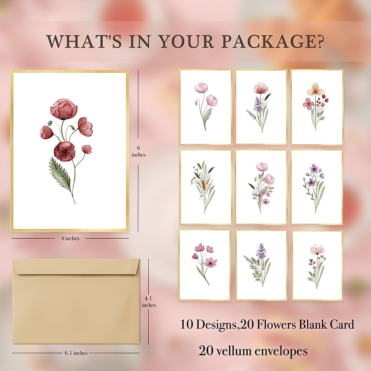 slapaflife Blank Cards,Elegant Gold Foil Floral Design Blank Greeting Cards 4x6,20Pack -Blank Greeting Cards,Formal All Occasion Cards,Note Cards with Matching Peel-and-Seal Rustic Envelopes