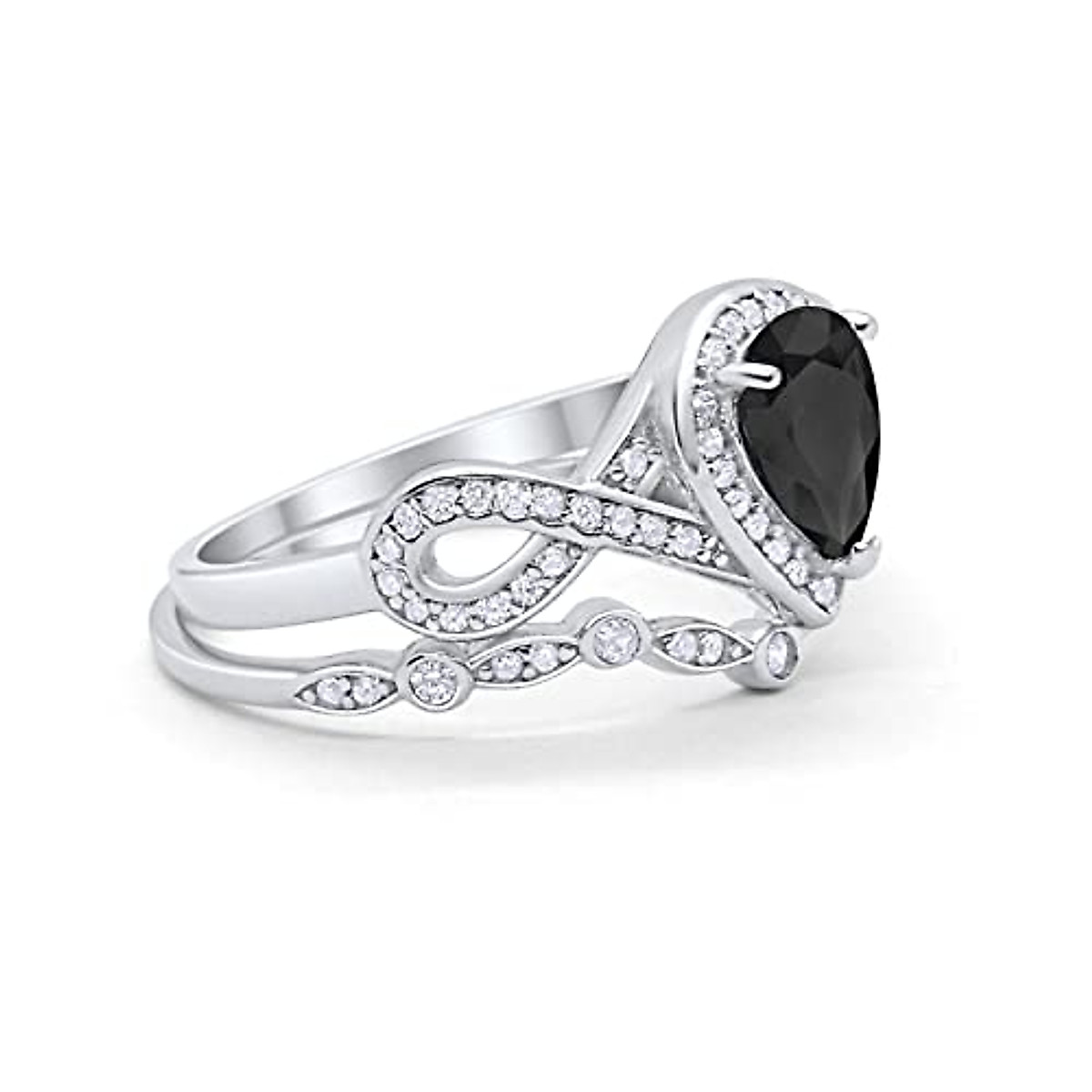 Teardrop Bridal Set Art Deco Wedding Engagement Ring Band Pear RoundSimulated Black Cubic Zirconia 925 Sterling Silver Size-7