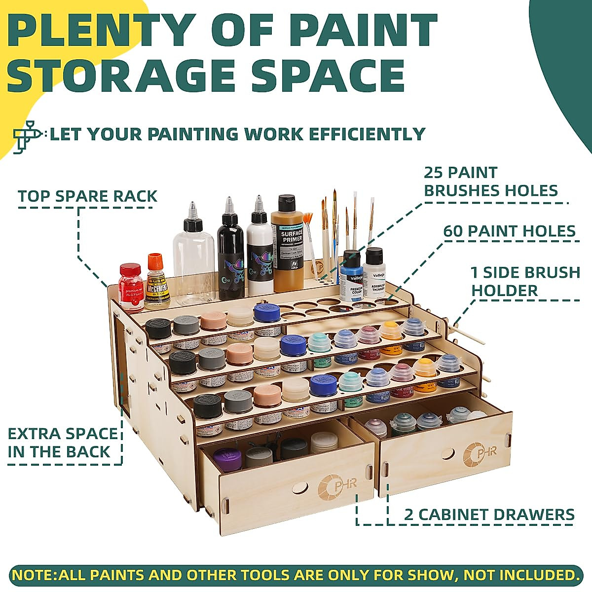 OPHIR Wooden Paint Organizer, Miniature Paint Holder Storage Rack for 60 Acrylic Model Paint Bottles with 2 Drawers, 2 Painting Handle, 25 Paint Brush Holes and 1 Brush Holder for Miniature Paint Set