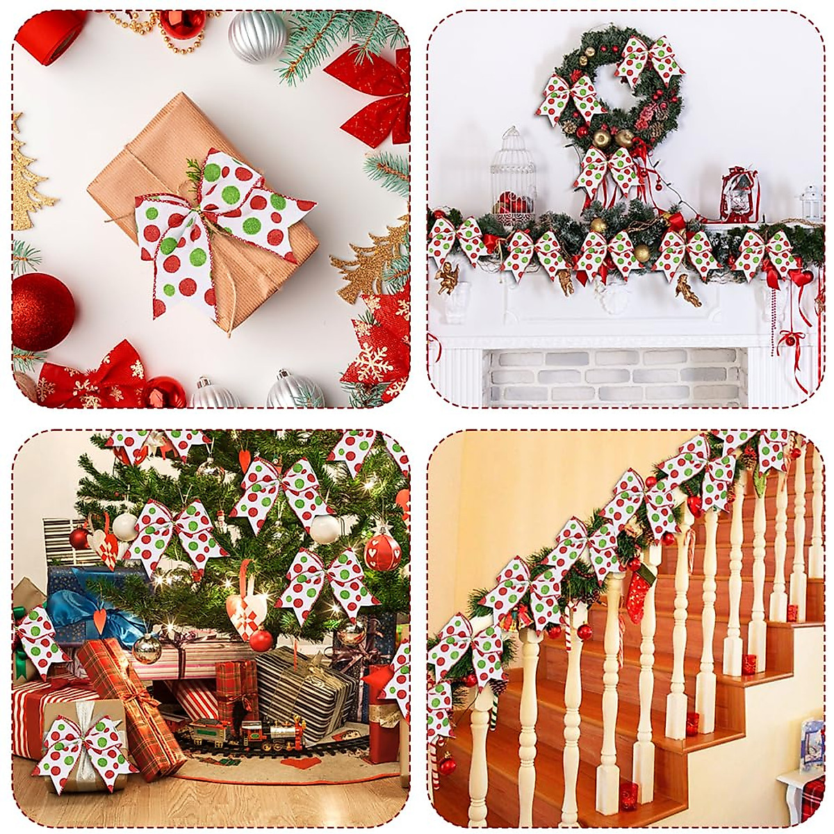 DIYDEC 12pcs Christmas Bows Decoration 6.3 Inch Large Christmas Wreath Bows Red Green Xmas Tree Bows Christmas Glitter Dot Bows Ribbons Ornaments for Garland Wedding Home Holiday Party