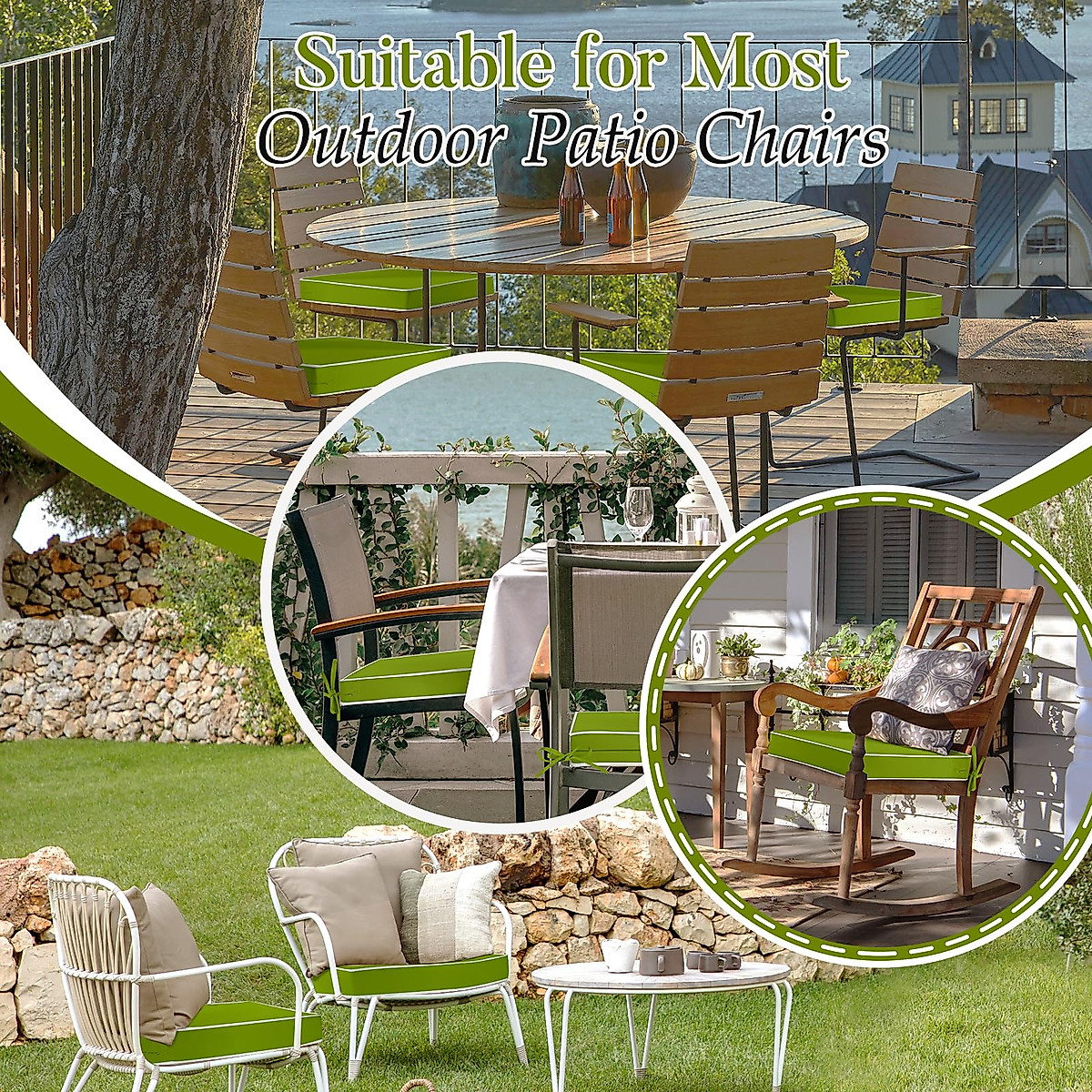 Basic Beyond Outdoor Chair Cushions for Patio Furniture, Waterproof Outdoor Seat Cushions Set of 4 19 x 19, Patio Chair Cushions Set of 4 with Ties and Handle, Grass Green/White