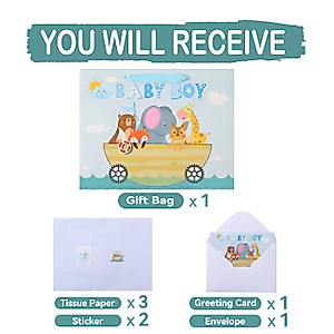 13" Large Baby Blue Gift Bag Set with Greeting Card and Tissue Paper (Animals and ‘Baby Boy’) for Baby Boy, Baby Shower, Boys' Birthday Party - 13”x5.2”x10.2”, 1 Pcs.