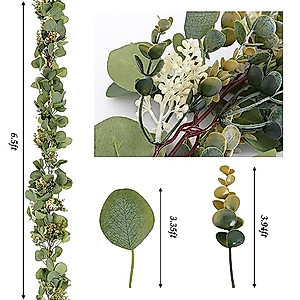 CEWOR 6.5ft Artificial Eucalyptus Garland Detachable Faux Greenery Vines Silver Dollar Eucalyptus Leaves with White Buds for Farmhouse Mantle Wedding Arch Table Centerpiece Backdrop