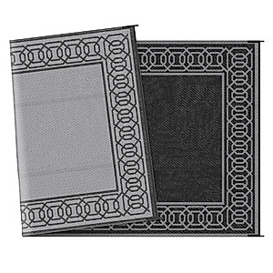 Outsunny Reversible Outdoor Rug, 9' x 18' Waterproof Plastic Straw Floor Mat, Portable RV Camping Carpet with Carry Bag, Large Floor Mat for Backyard, Deck, Picnic, Beach, Black & Gray Border