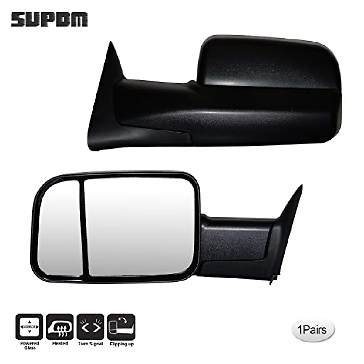 SUPDM Pair Towing Mirrors Compatible with Towing Mirrors 94-01 Dodge Ram 1500, 94-02 Ram 2500 3500 Truck Manual Adjusted Side Black Housing Set Left+Right