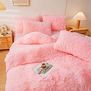 ERLOXO Fluffy Pink Faux Fur Comforter Cover Set，Fluffy Fuzzy Plush Pink Bedding 3Pcs (1 Faux Fur Duvet Cover +2 Fuzzy Pillowcases) Pink Fluffy Bed Set (Pink, Queen)