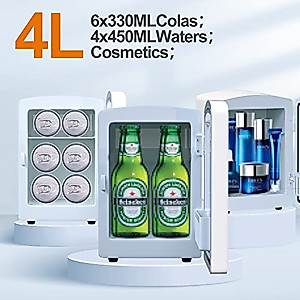 COYCYQI Mini Fridge for Skin Care, 4 Liter Portable Small Fridge with Mirror, Hot or Cold Personal Beauty Refrigerator for Bedroom, Office, Car, Makeup (White)