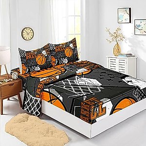 BailiPromise Basketball Sports Microfiber Flat Fitted Sheets Set for Children Graffiti Style Soft Bed Sheets Basketball Frames Kids Sheets Set Twin Size 1 Fitted Sheet, 1 Flat Sheet, 2 Pillow Cases
