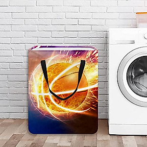 Burning Basketball Glowing Lights Print Collapsible Laundry Hamper, 60L Waterproof Laundry Baskets Washing Bin Clothes Toys Storage for Dorm Bathroom Bedroom