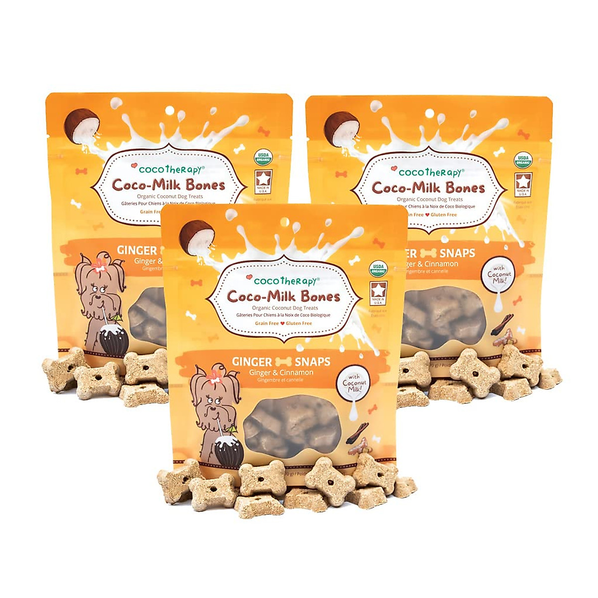 CocoTherapy Ginger Coco-Milk Bones 3 Pack, 6 Ounces Each, USDA Organic