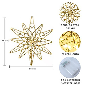 YEAHOME Christmas Tree Topper, Lighted Hollow 12-Point Star Tree Topper, Wire Star for Christmas Treetop with 30 LED Lights Xmas Tree Topper for Christmas Tree Ornament Decoration, Gold Glittered