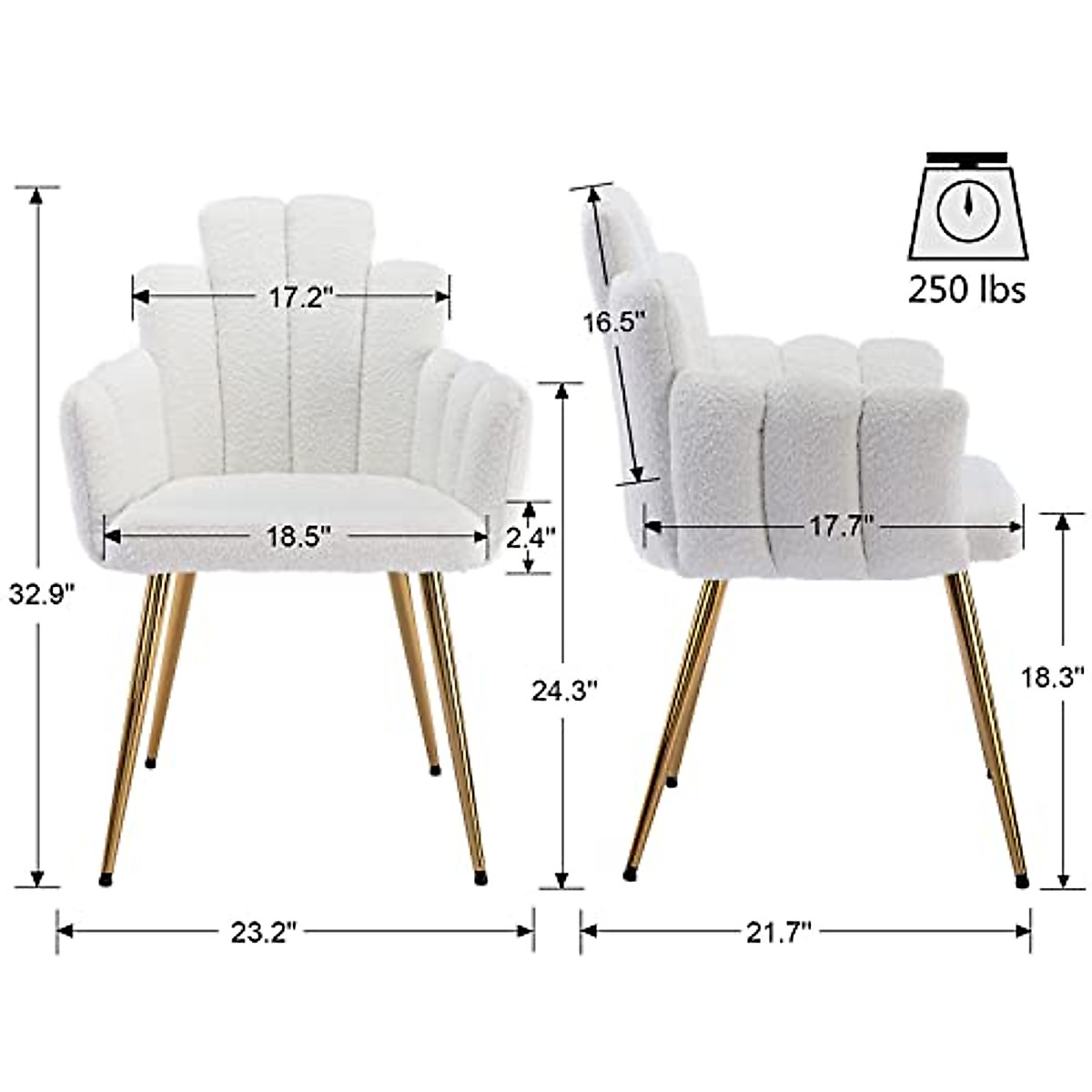 VESCASA Sherpa Accent Chairs with Petal Back, Mid-Century Modern Upholstered Dining Chairs with Arms, Makeup Vanity Chairs with Gold Metal Legs for Living Room/Bedroom, Set of 2, White