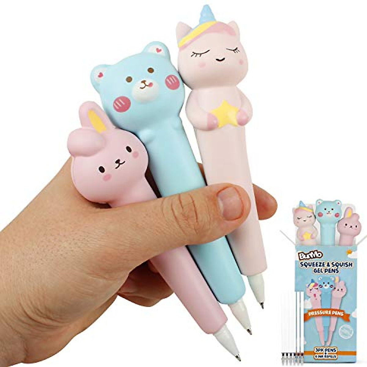 BUNMO Kawaii Pens Squishies 3pk | Hours of Creative Fun | Cute Squishy Pens | Great for Stress Relief | Tween Girls Toys | Fun Kids Stationary