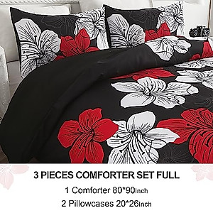 Menghomeus Black Comforter Set Full - Red and White Floral Comforter with 2 Pillowcases Modern Bedding Sets Lightweight Boho Bed Set for All Season (1 Comforter, 2 Pillowcases)