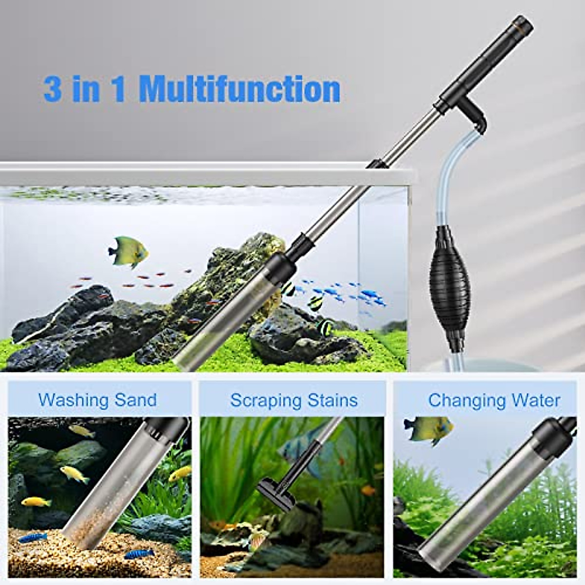 bedee Manual Aquarium Gravel Cleaner, Fish Tank Vacuum Gravel Cleaner, 3 in 1 Aquarium Siphon Vacuum Cleaner Kit for Water Change，Sand Cleaning，Remove Dirt with Adjustable Telescopic Rod
