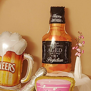 OULAIZ Happy Birthday Banner with Beer Mug Whiskey Bottle & Crown Mylar Foil Balloons, Birthday Party Decorations Supplies for Men and Women