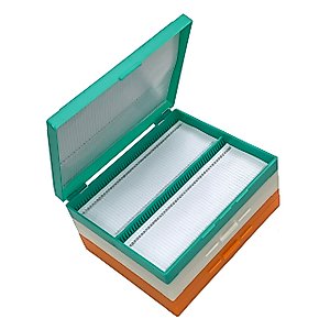 MUHWA 100-Place Plastic Microscope Slides Storage Box, 3 Packs Microscope Glass Slide Box, Assorted Color, Green, Orange, White