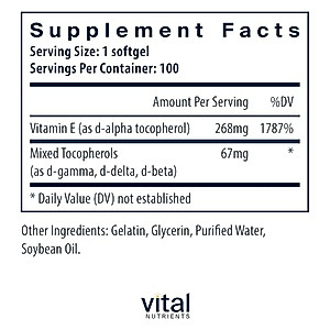 Vital Nutrients Vitamin E with Mixed Tocopherols | Potent Antioxidant Supplement to support Cardiovascular Health* | Gluten and Dairy Free | 100 Softgels