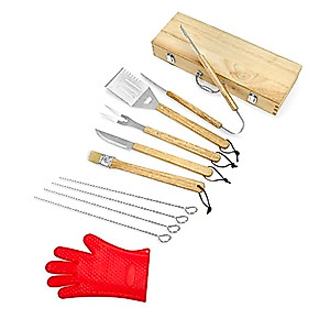 Makerflo BBQ Grill Accessories Set, Barbecue 11 Pieces Maple Wood Toolbox, Stainless Steel Utensils with Gloves, Organized Outdoor Cooking Camping Grilling Rust Free Portable Kit, Gifts for Men