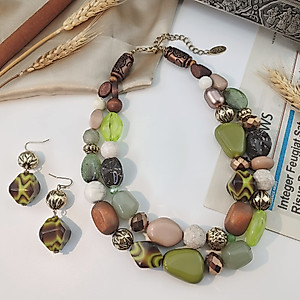 Bocar 2 Layer Statement Chunky Beaded Fashion Necklace Earrings Set for Women Gifts (NK-10384-olive-set)