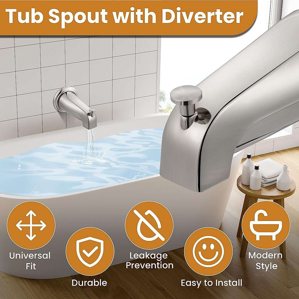 Dreyoo Tub Spout with Diverter, Tub Spout (Universal Fits 1/2" Copper Pipe, 1/2" IPS and 3/4" IPS), Bathroom Bathtub Faucet with Adapters and Hex Wrench(Brushed Nickel,Simple)